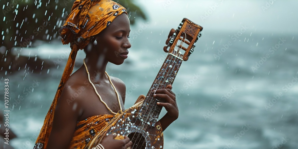African Woman in Traditional Attire Playing Kora in the Rain ...