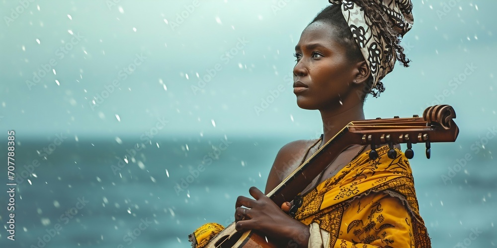 African Woman in Traditional Attire Playing Kora in the Rain ...