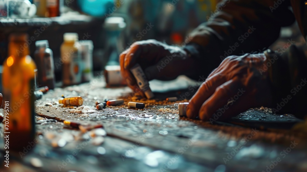 Homeless drug addict in a drug den, end of life, pills, syringes ...