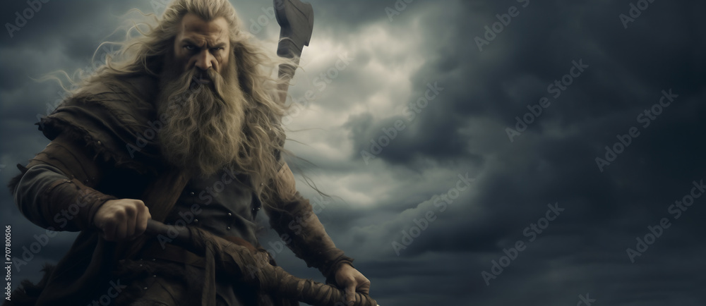 Gray-haired old man, Scandinavian god Odin, is on ship. Viking ...
