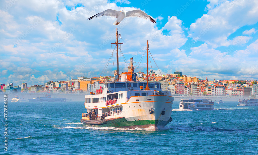 Sea voyage with old ferry (steamboat) in the Bosporus - Galata Tower ...