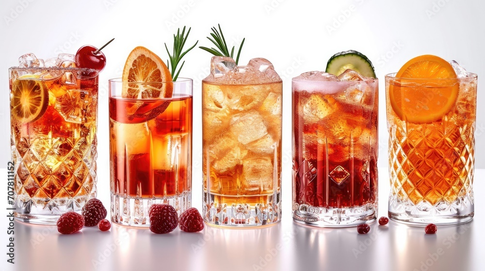 Variety of colorful cocktails, side view with white background ...