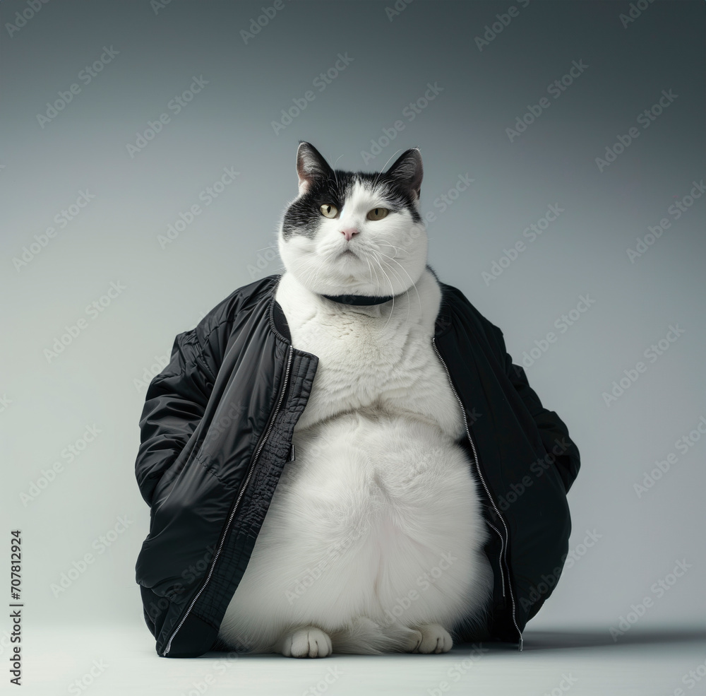 Big fat anthropomorphic cat with huge belly posing in a jacket ...