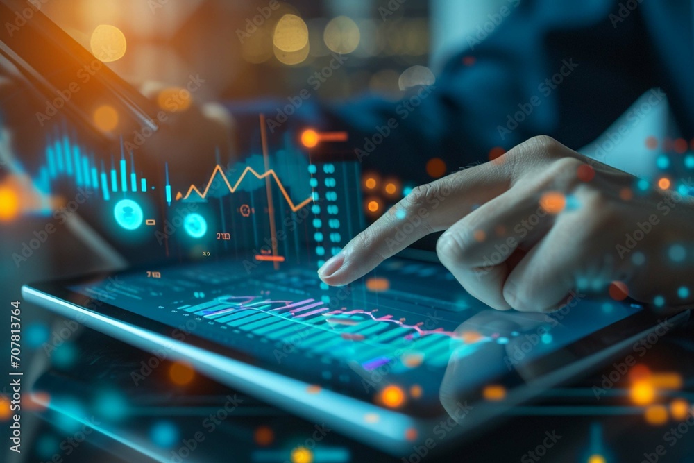 Businessman using tablet analyze sales data and economic growth graph ...