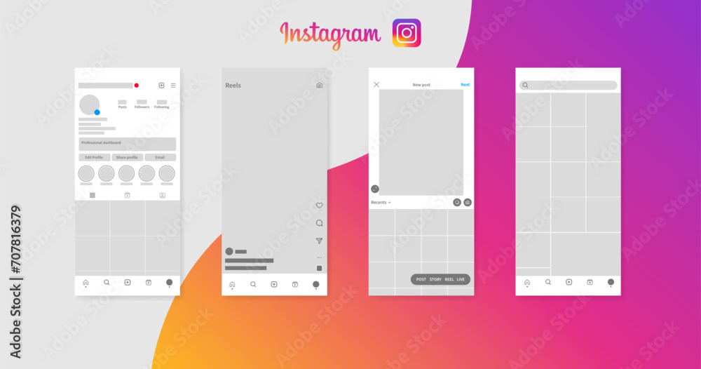 Instagram interface layout. Instagram pages mockup. Social media layout ...