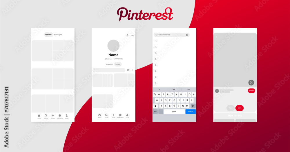 Pinterest interface mockup. Pinterest pages mockup. White red ...