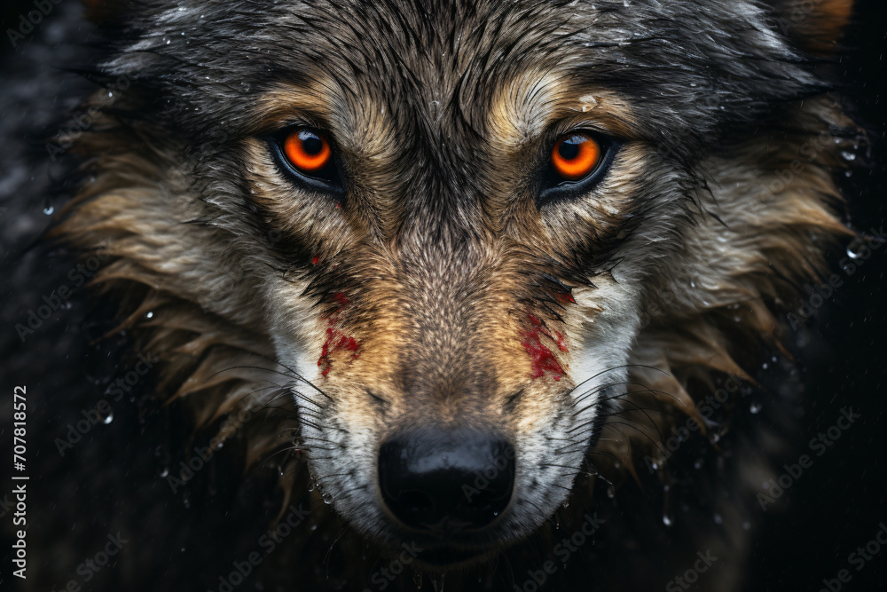 Gray wolf face, in the style of detailed atmospheric portraits, dark gold and red, macro zoom ...