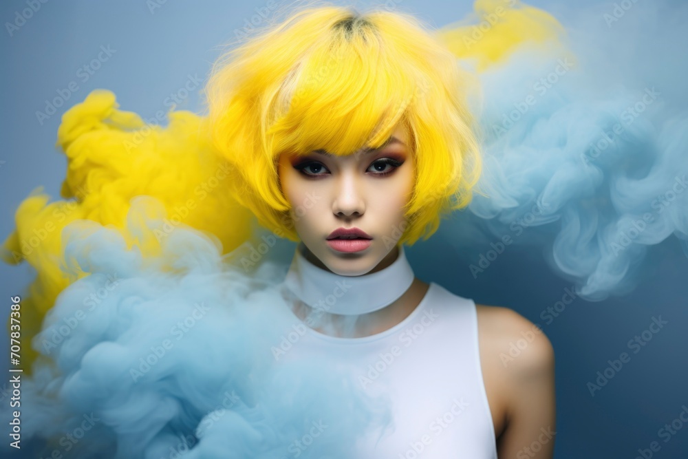 Short haired girl covered with smoke bombs in yellow and blue ...