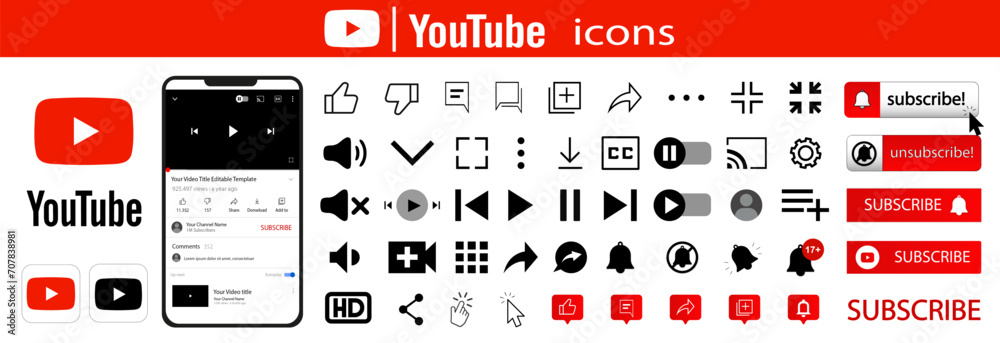 All youtube logo icon. Subscribe button icon. Youtube mobile App ...
