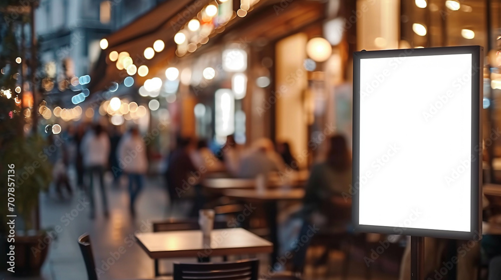 Blur cafe background with blank ad frame for advertise product. Created ...