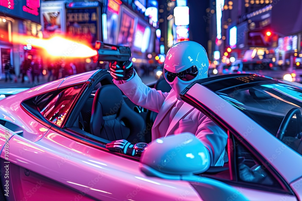 alien secret agent in white tuxedo, driving alien car in Manhattan and ...