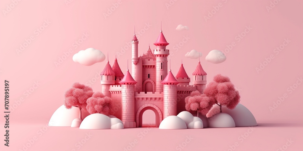 Magic Pink Princess Castle with flags and towers. Cartoon Style ...
