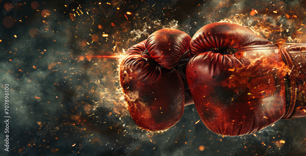 Red, blue boxing gloves in the form of hyper-realistic cyclorama ...