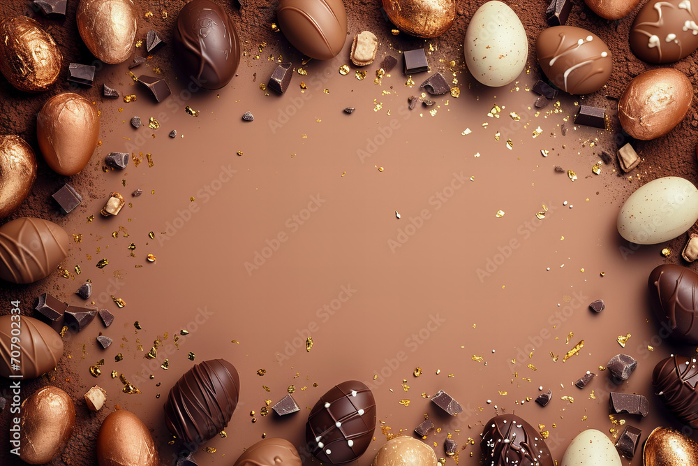 Easter border frame with chocolate eggs , praline, isolated on brown ...