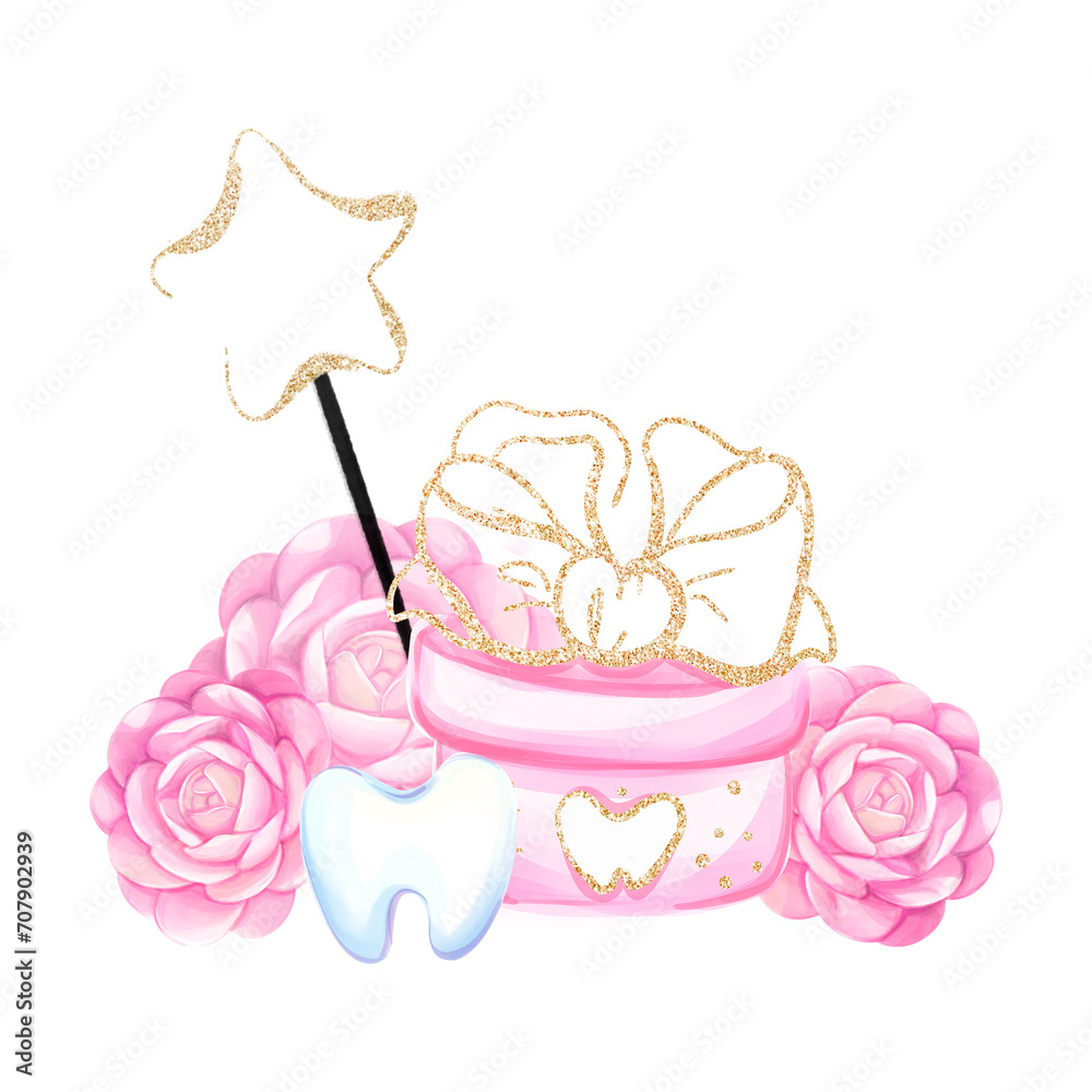 Watercolor gifts from fairy tooth with roses and with a magic wand ...