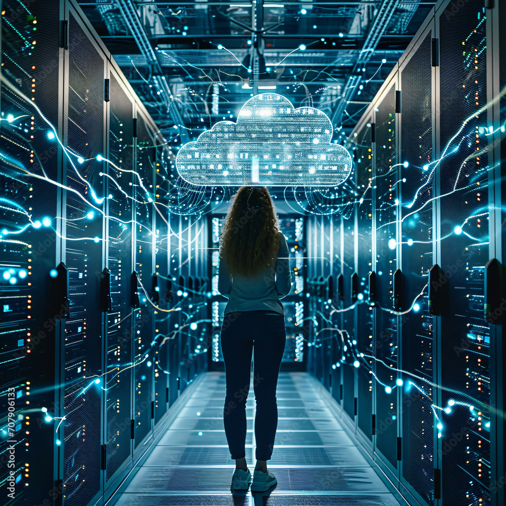 Woman in modern data center monitoring cloud storage systems and ...