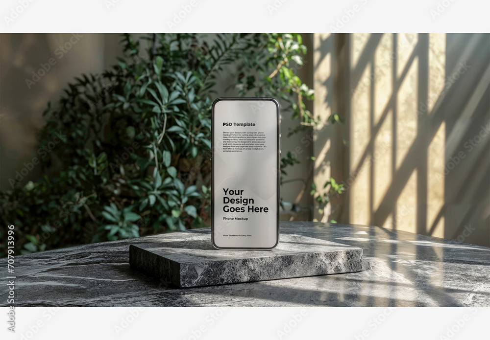 Phone Mockup Template Screen on Marble Table with Window Plant and Sill ...