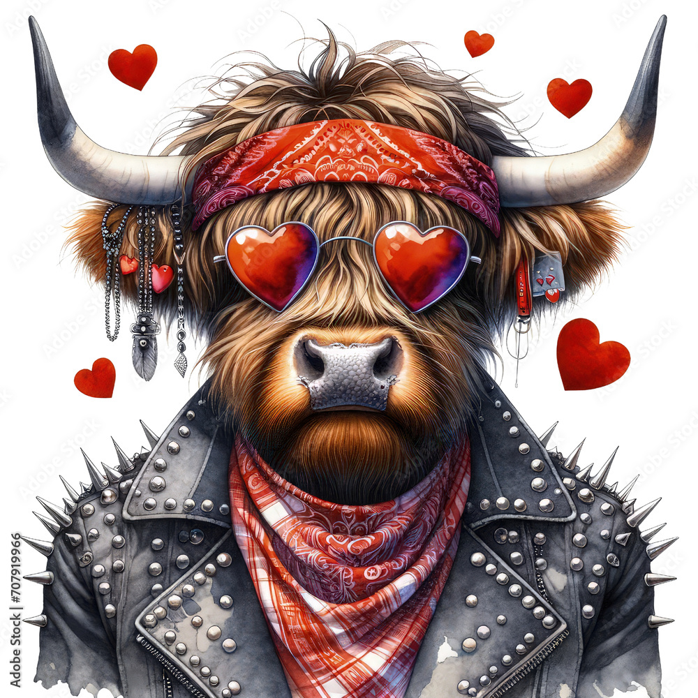 Highland Cow, now styled with rock-inspired accessories,Valentines Day ...