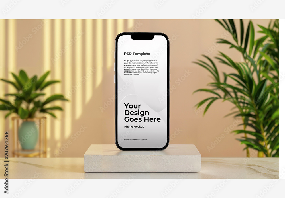 Professional Phone Mockup Template Screen on White Stand with Plant and ...
