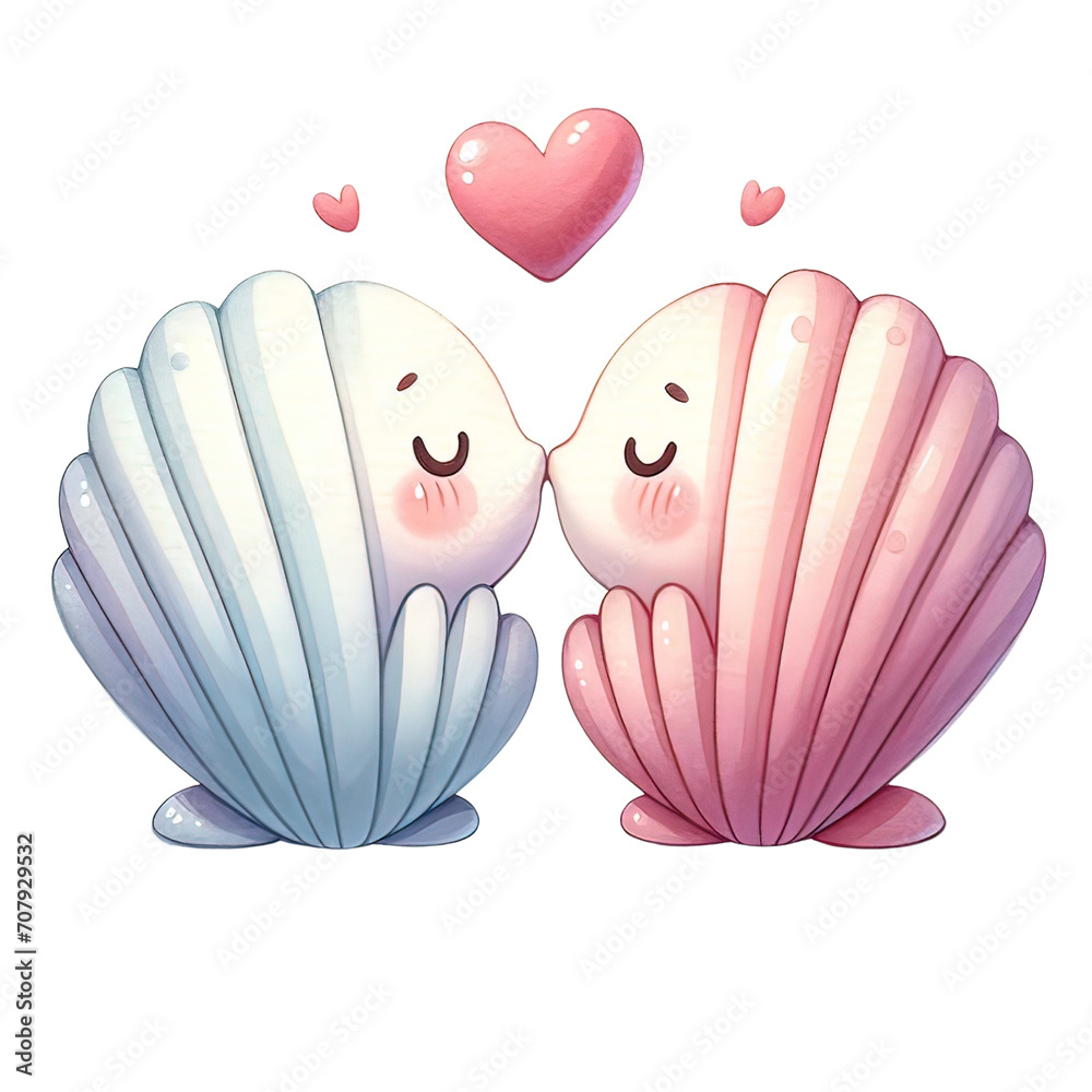 Cute couple of seashells kissing,Valentines Day,PNG,Clipart,Watercolor ...