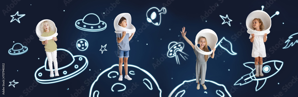 Collage. Tiny explorer, infinite Universe. Creative artwork with little ...