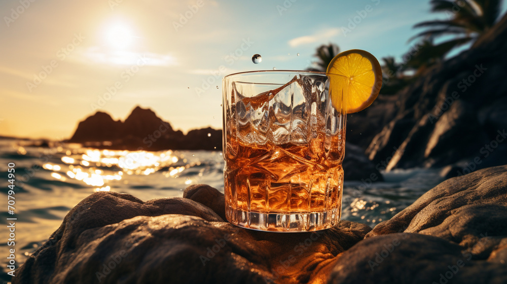 Product photograph of Whisky rock glass in the sand on a tropical beach ...