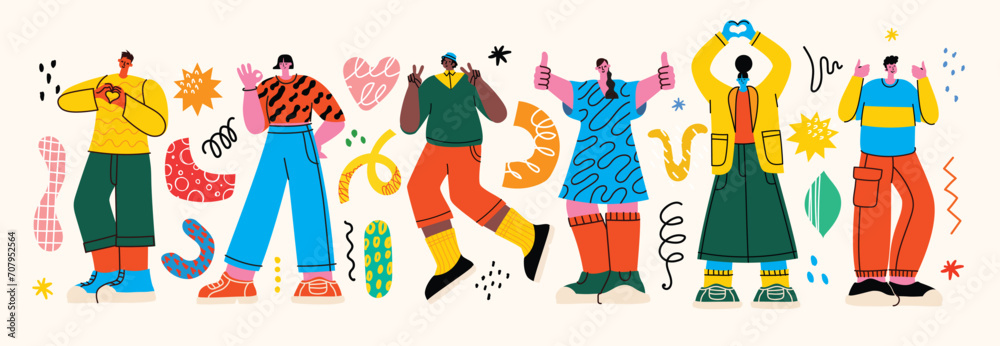 Happy positive people. Man and woman team gesturing with hands, fingers ...