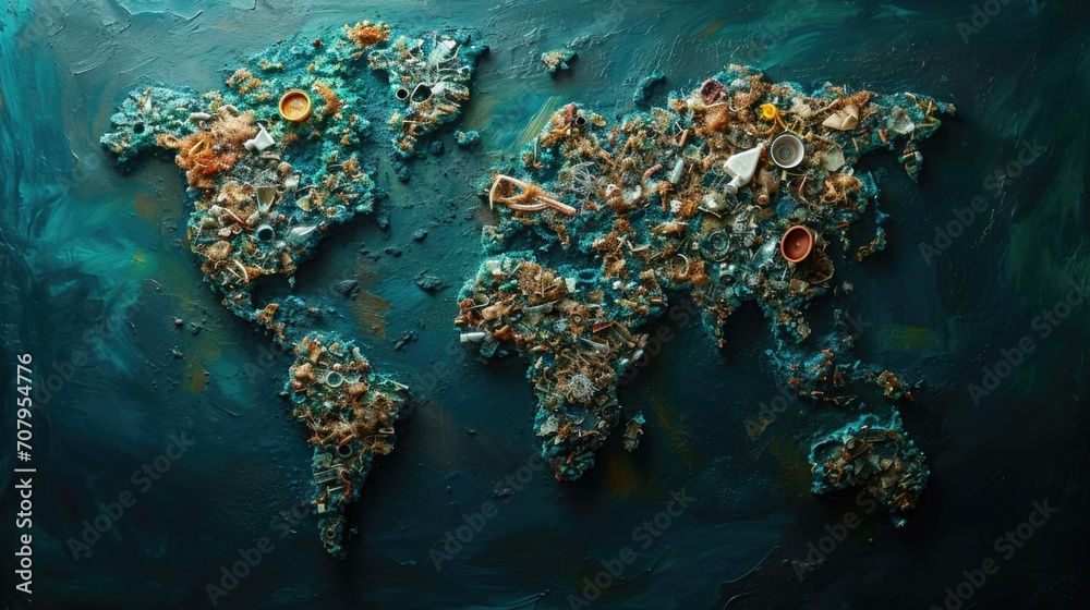 An artistic representation of microplastics forming a world map on a ...