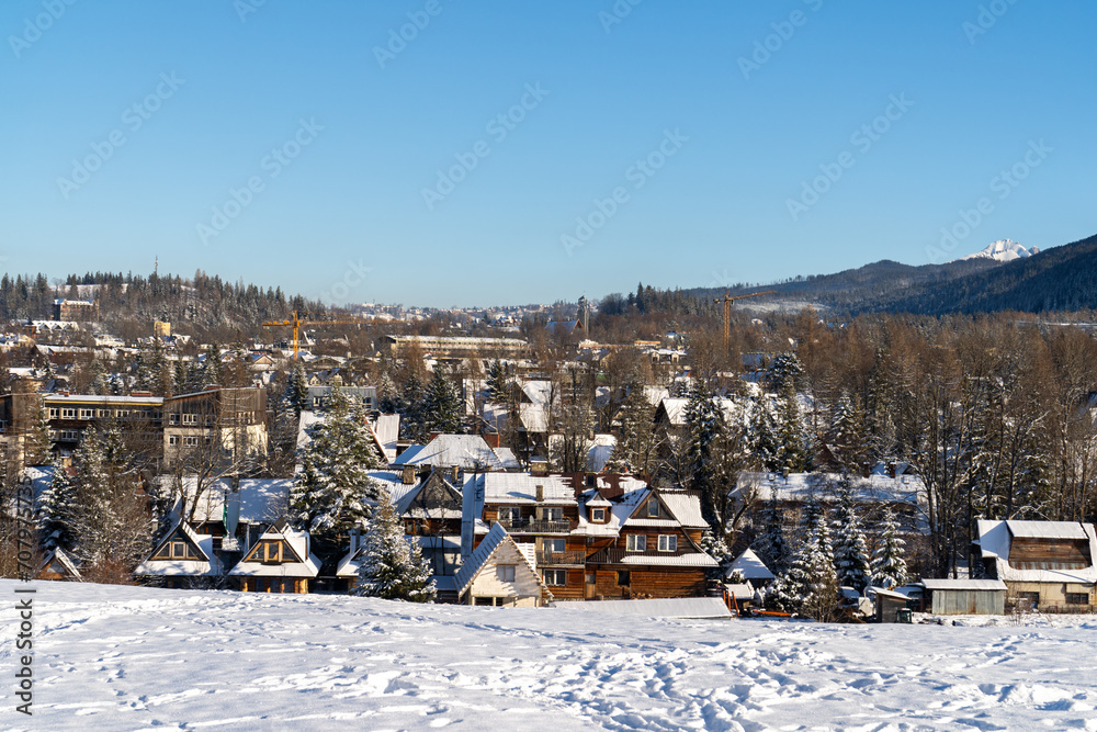 Winter in Zakopane, Poland. Aerial view of city urban architecture on a ...