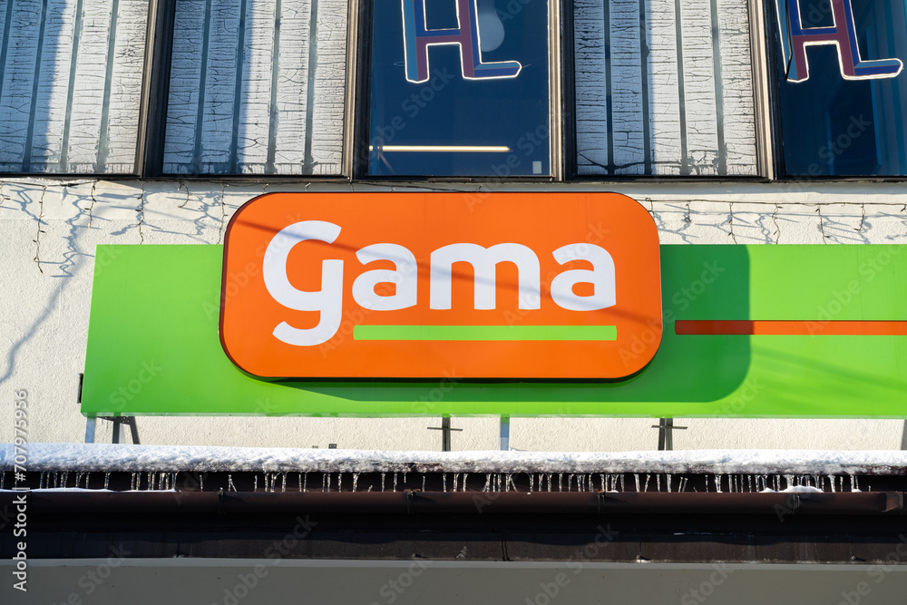 Gama grocery shop logo sign. Polish nationwide chain of delicatessen ...
