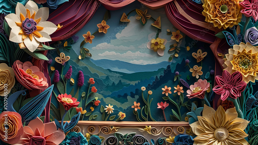 Quilled paper theatre stage, with flowers as actors in a dramatic play ...