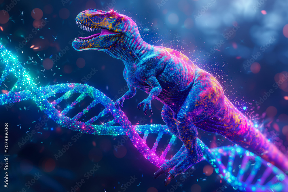 T-Rex dinosaur with DNA double helix, extinct prehistoric animal ...