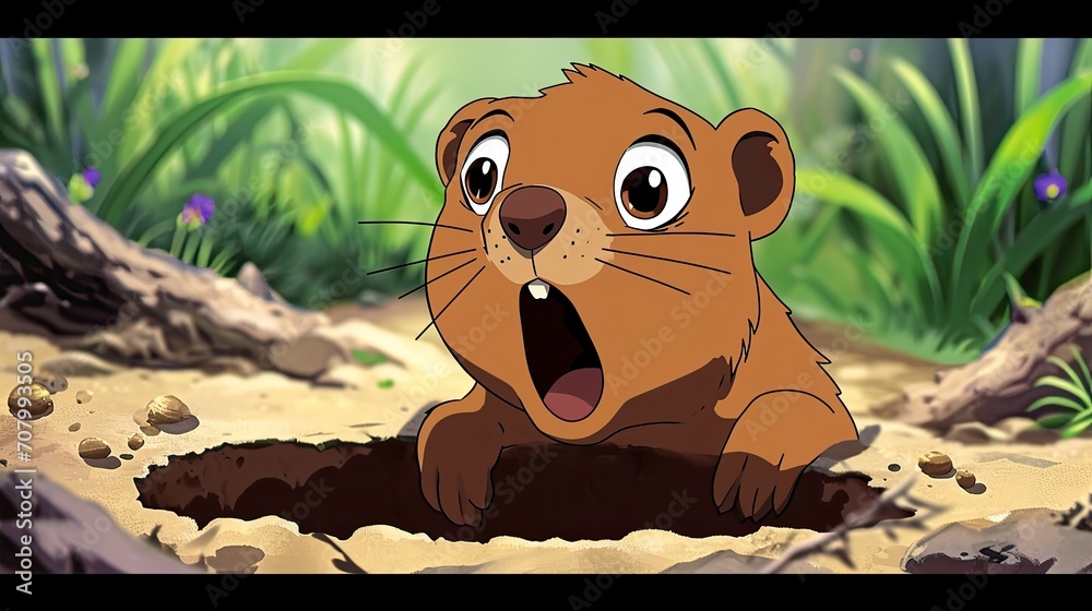 cute cartoon groundhog crawled out of the hole and looks surprised with ...