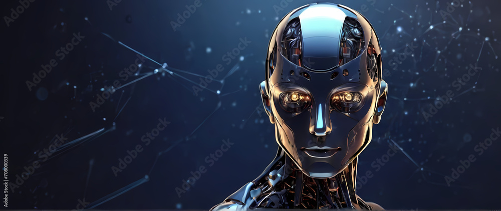 Generative ai collage of female humanoid robot invention on dark black background. Conceptual ...