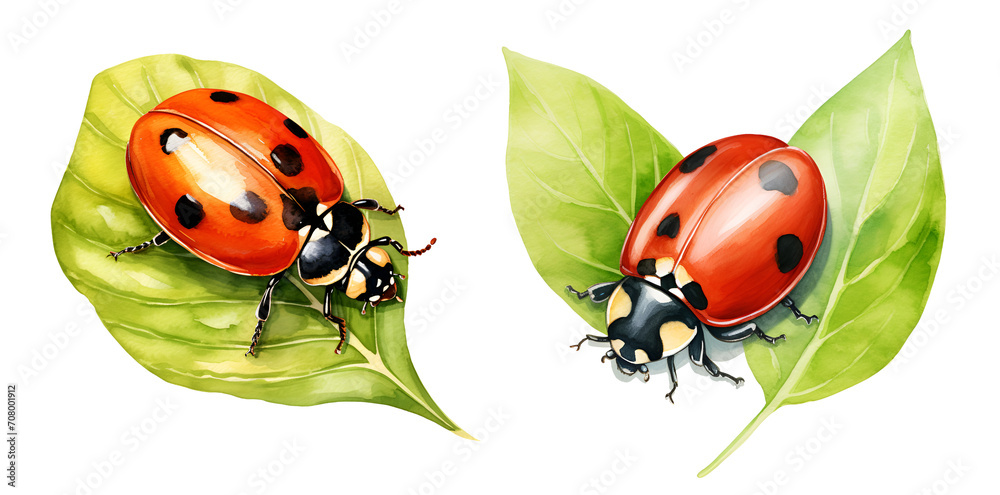 Ladybug on a leaf, watercolor clipart illustration with isolated ...