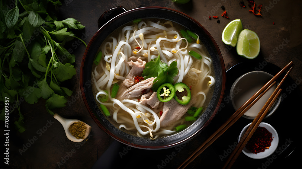 over head view of Bowl of Vietnamese Pho with rice noodles, mung beans ...