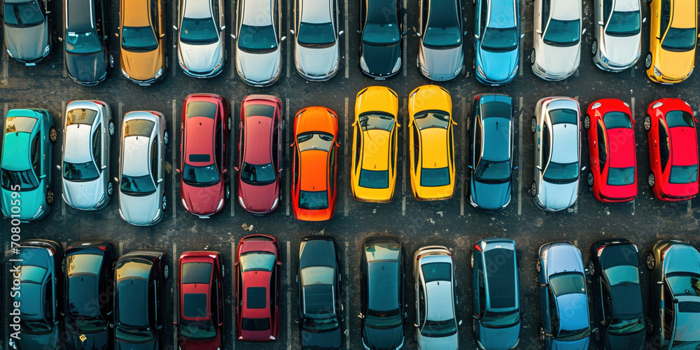 Top aerial view of many different cars standing in rows in parking lot ...