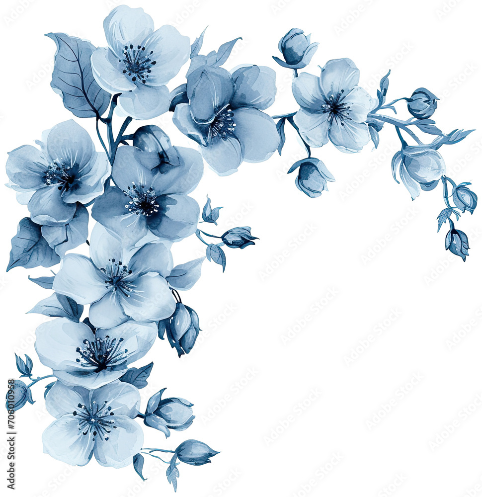 elegant watercolor illustration of dusty blue floral corner frame ...