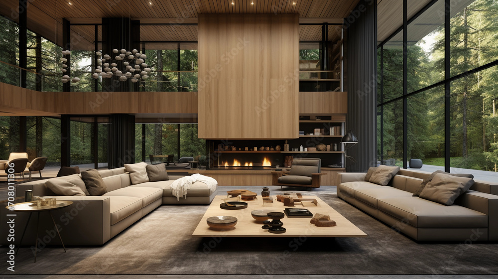 Elegant modern villa living room with wooden high ceiling and full ...