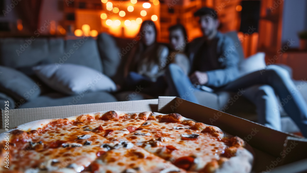 pizza on the table and blurred portrait of teenagers sitting on the ...