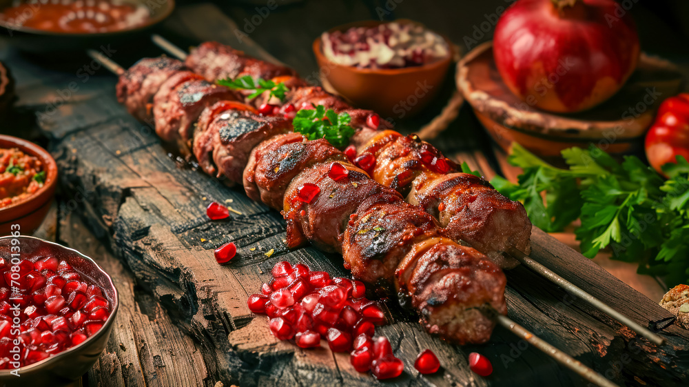 Georgian Mtsvadi kebab with ripe broken pomegranate grains and ...