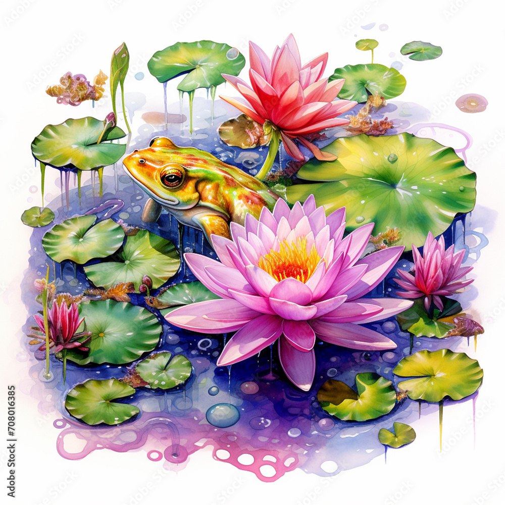 Watercolor Lily Pond Clipart springtime cute lily pad and frog pond ...