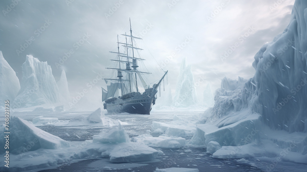 An ice ship maneuvering through a blizzard in the Arctic with icebergs ...
