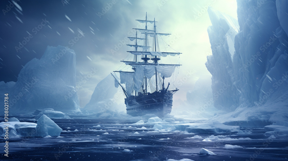 An ice ship maneuvering through a blizzard in the Arctic with icebergs ...