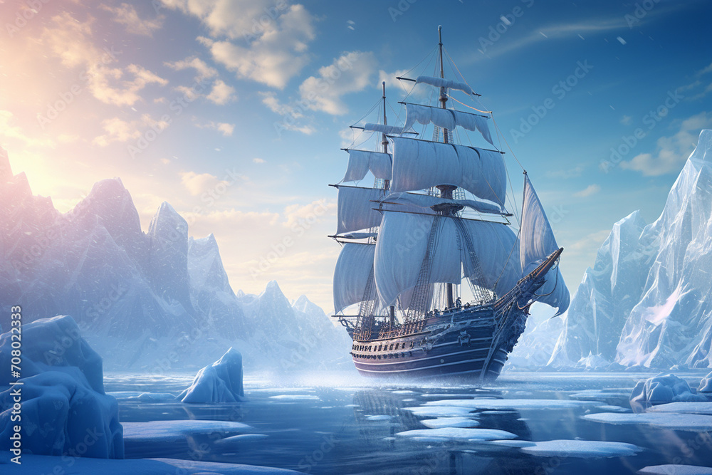 High seas adventure as a pirate ship sails through a field of towering ...