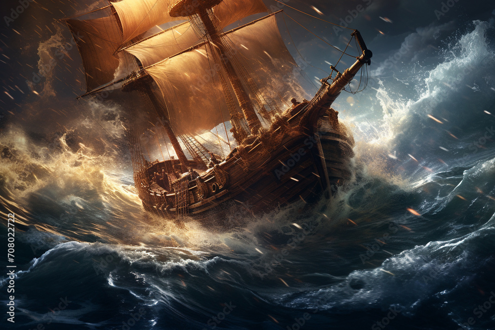 Powerful illustration of a pirate ship caught in the clutches of a ...