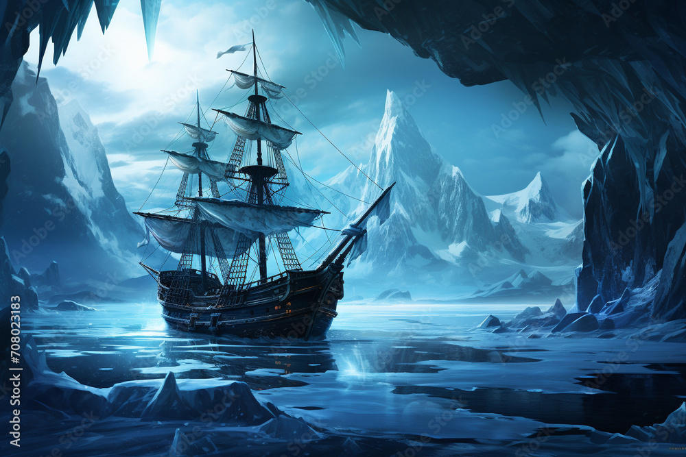 Striking illustration of a pirate ship navigating through a sea of ...