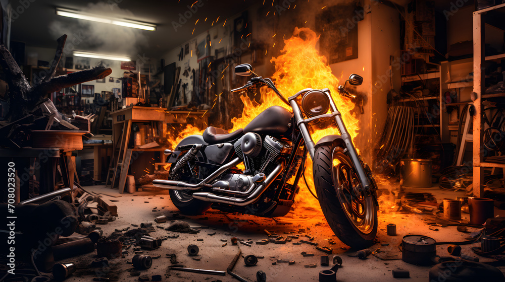 Custom chopper motorcycle on fire in a garage with tools and equipment ...