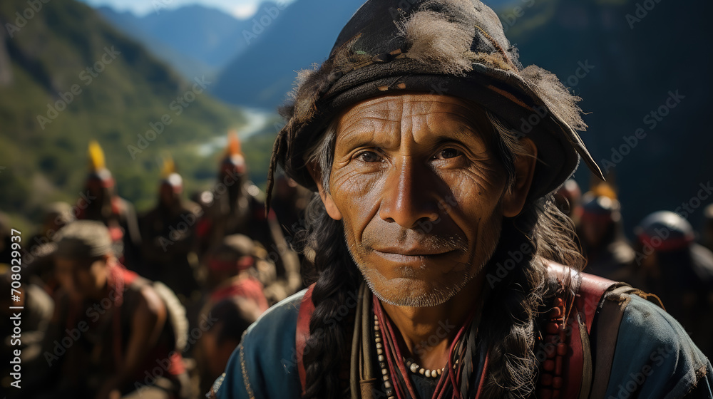 Peruvian in national clothes against the background of Machu Picchu in ...