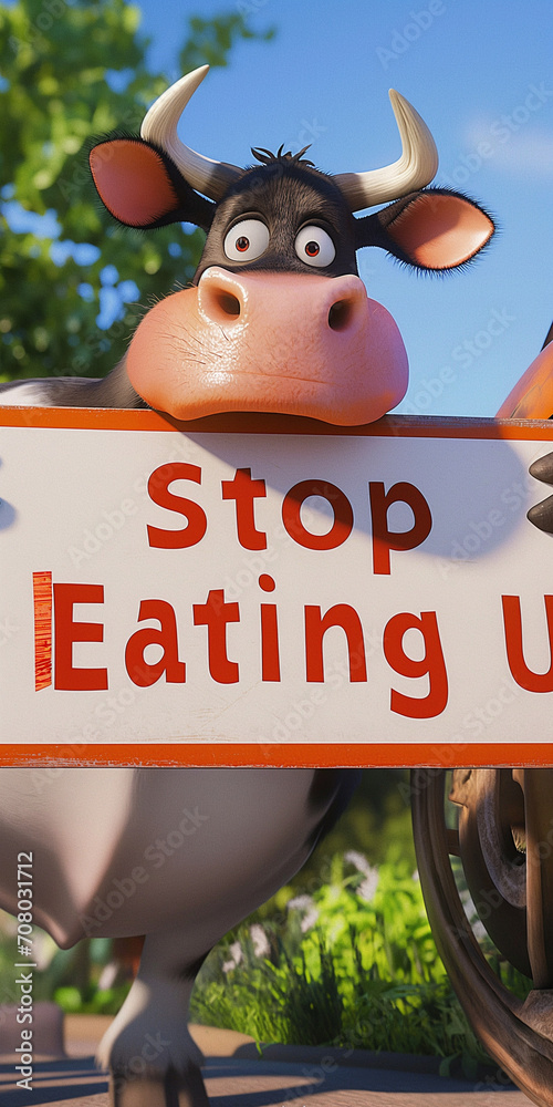 Traurige Kuh Cartoons mit Hinweisschild demonstriert mit bitte esse ...